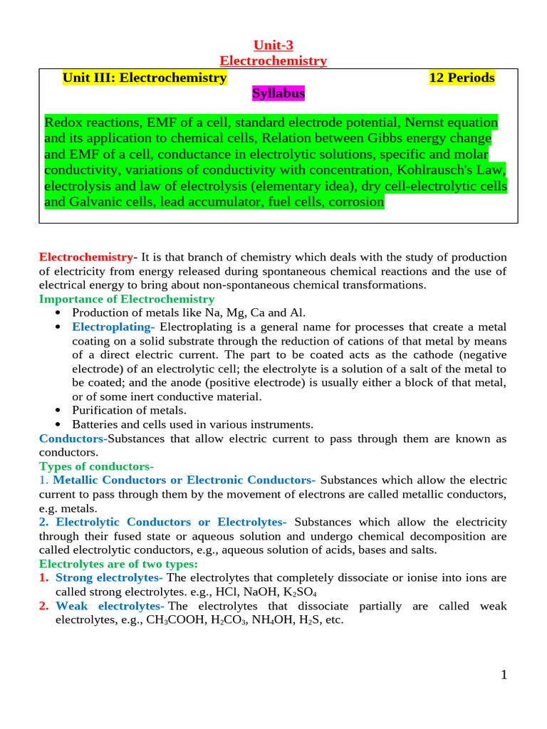 Unit-3, Electro Chemistry, Class-12, Cbse Board | PDF | Electrochemistry | Electrode