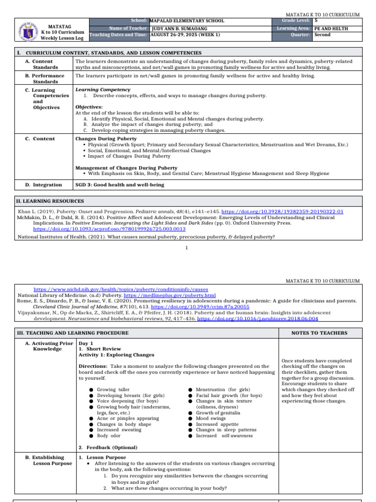 K-10 PE Curriculum: Puberty Changes | PDF | Adolescence | Feeling