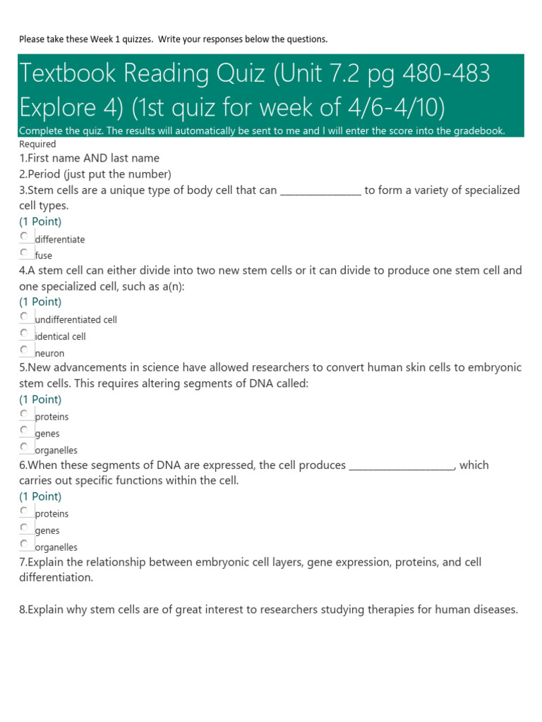 Week 1 Quizzes | PDF | Cell (Biology) | Stem Cell