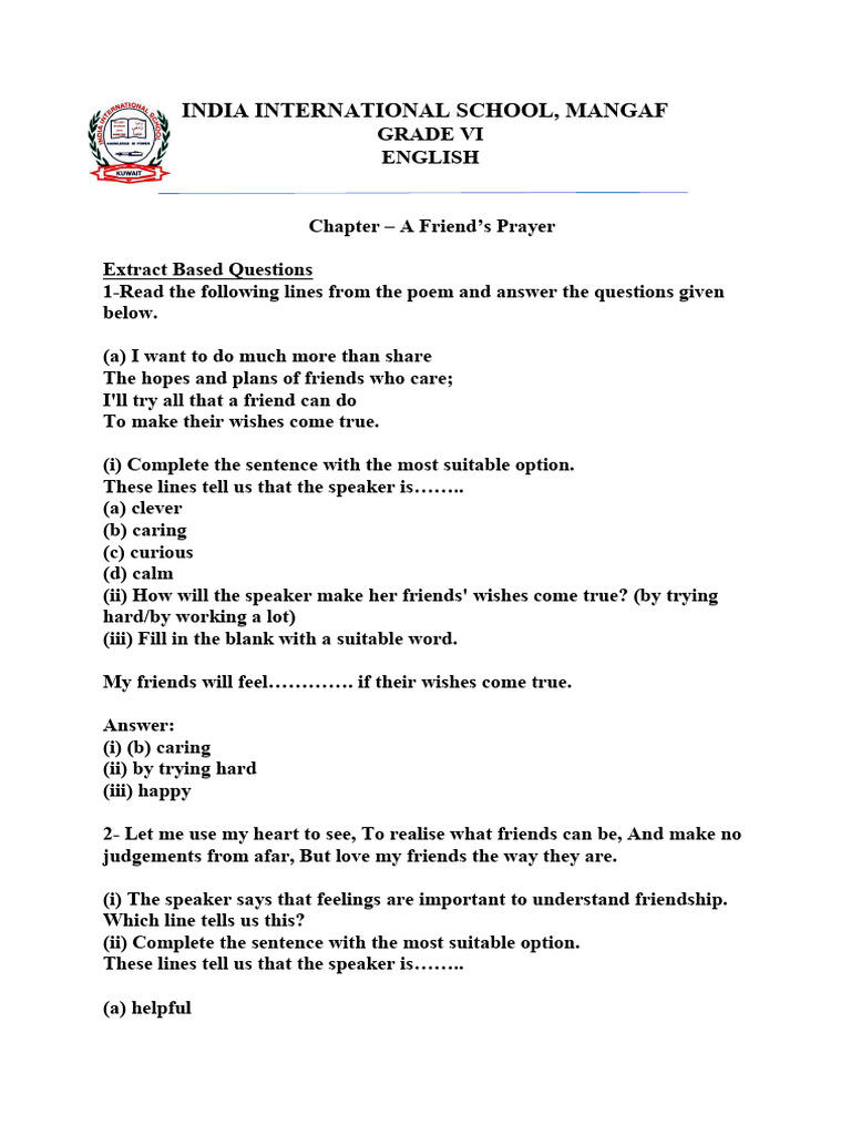 IIS W Friend's Prayer Class 6 | PDF | Friendship | Prayer