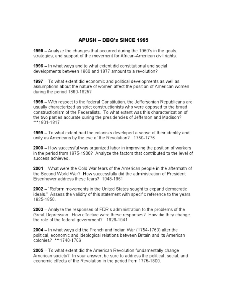 APUSH DBQs Overview Since 1995 | PDF | American Revolution | Thomas ...