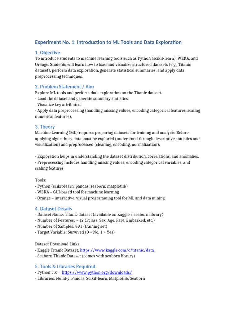 Experiment 1 ML Tools Data Exploration | PDF | Machine Learning | Statistics