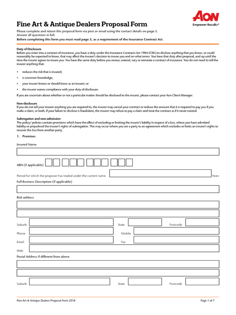 Fine Art & Antique Insurance Proposal Form | PDF | Insurance | Underwriting