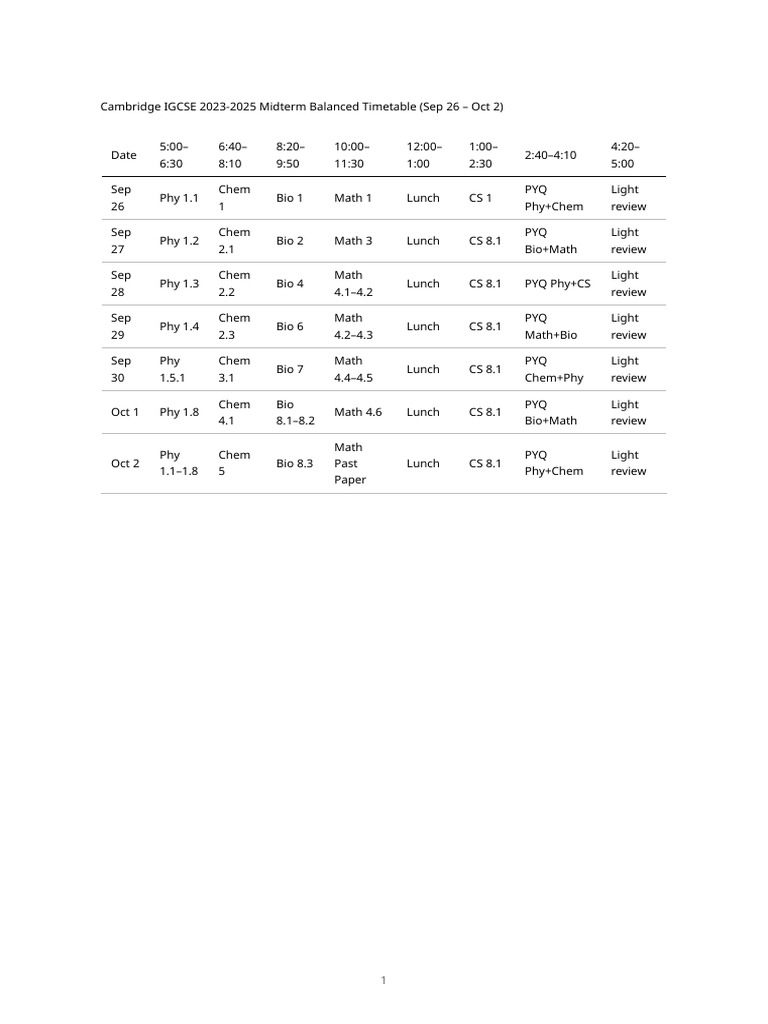 Igcse Midterm Timetable | PDF