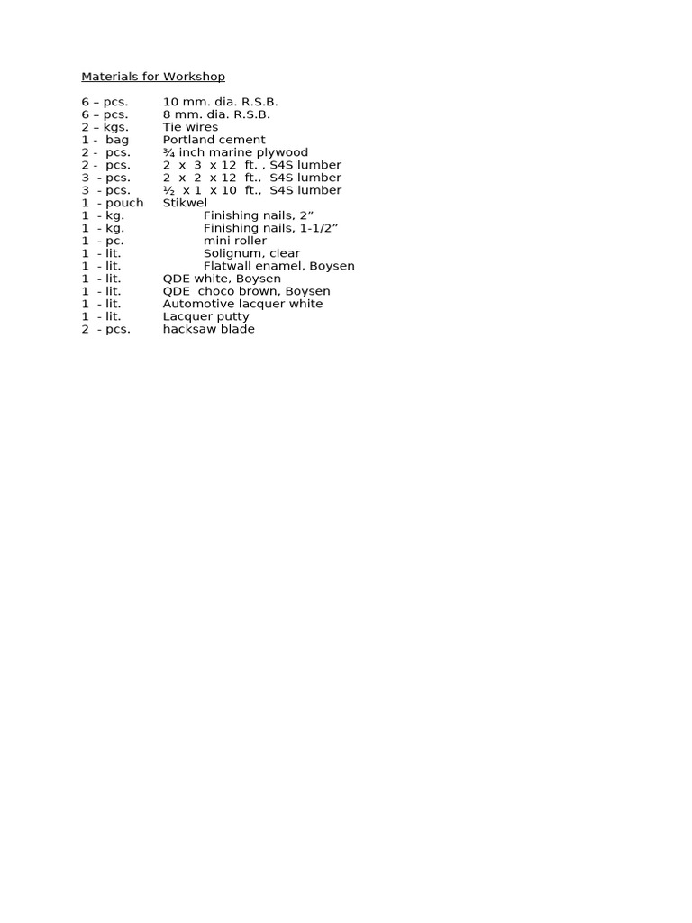 Workshop Material List and Supplies | PDF