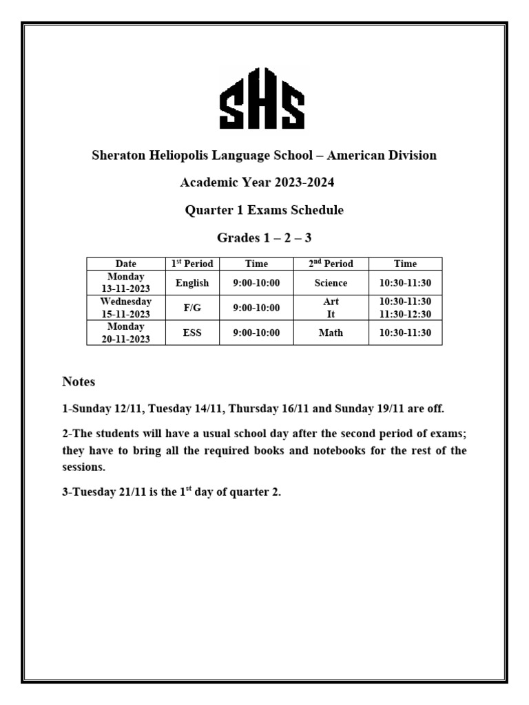 SHS Q1 Schedule Exams 2023-2024 G1 - 2 - 2 | PDF