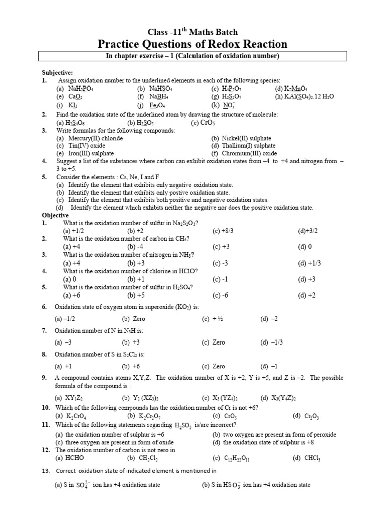 Class 11 Redox Reaction Practice Questions | PDF | Redox | Chemical ...