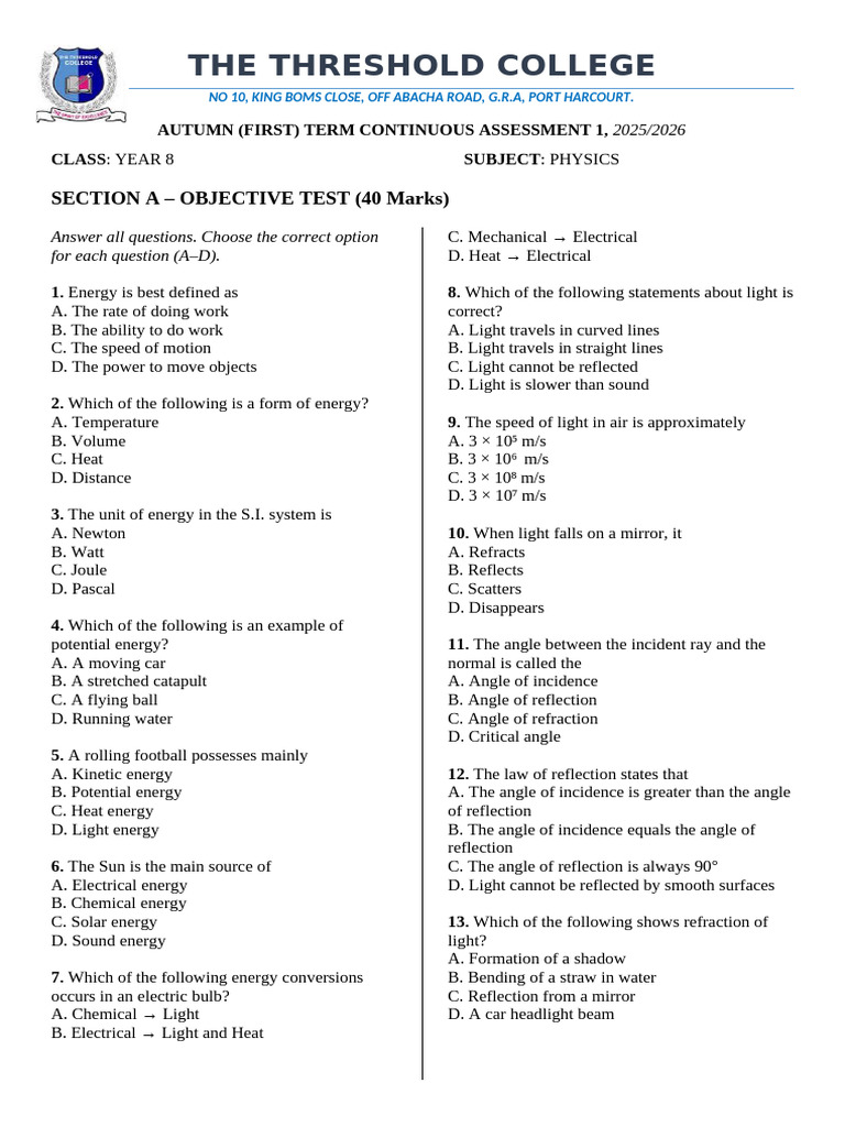 Physics Year 8 Autumn Cat 25 | PDF | Force | Light
