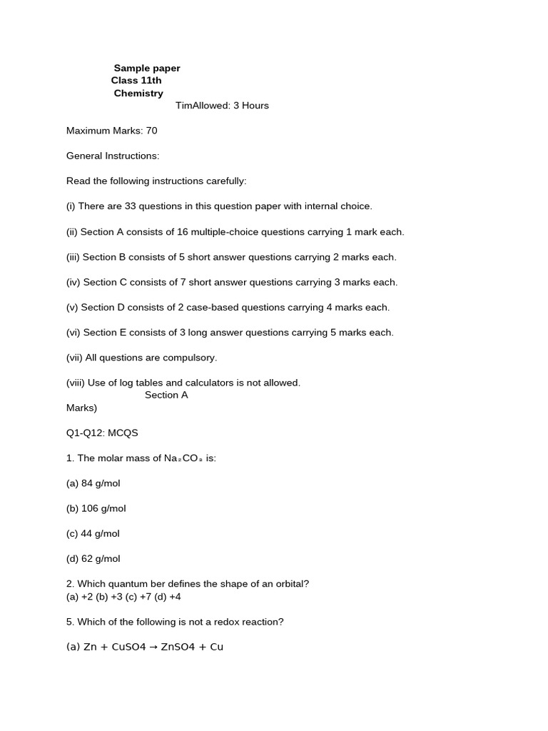 Class 11 Chemistry Sample Paper | PDF | Ion | Periodic Table