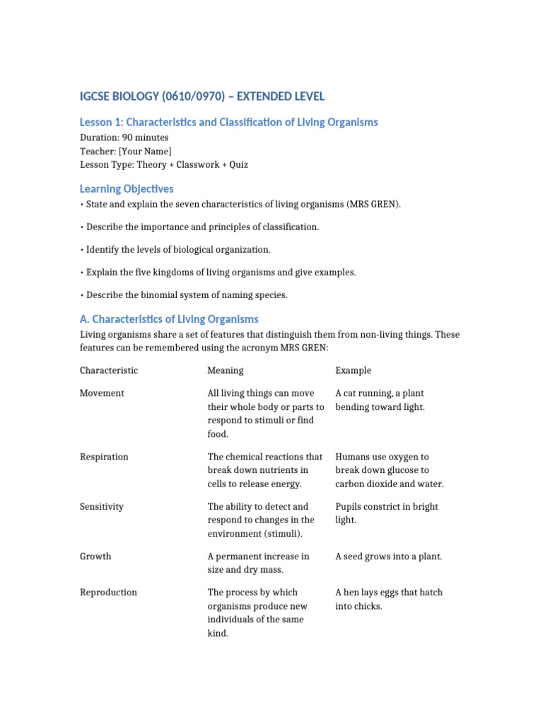 IGCSE Biology Lesson1 Characteristics and Classification | PDF ...
