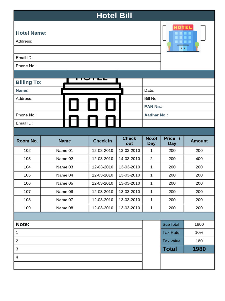 Hotel Billing Invoice Template | PDF