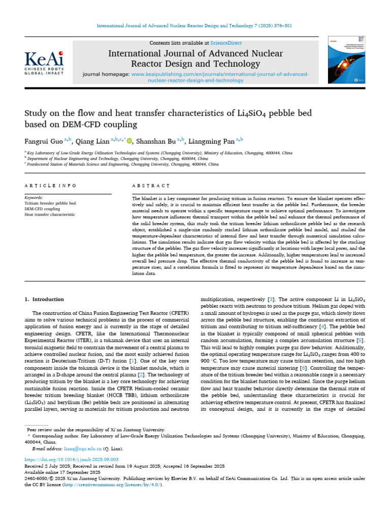 Study on the flow and heat transfer characteristics of Li4SiO4 pebble bed | PDF | Fusion Power ...