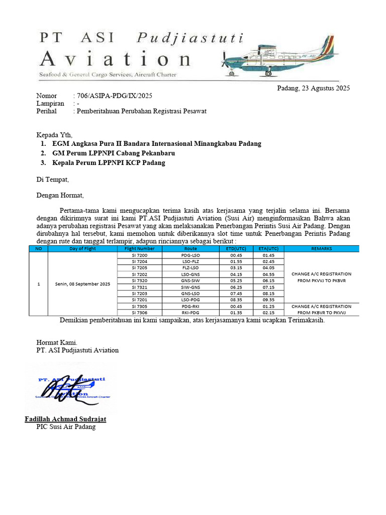 706 Surat Pemberitahuan Perubahan Registrasi Pesawat Dan Slot Time ...