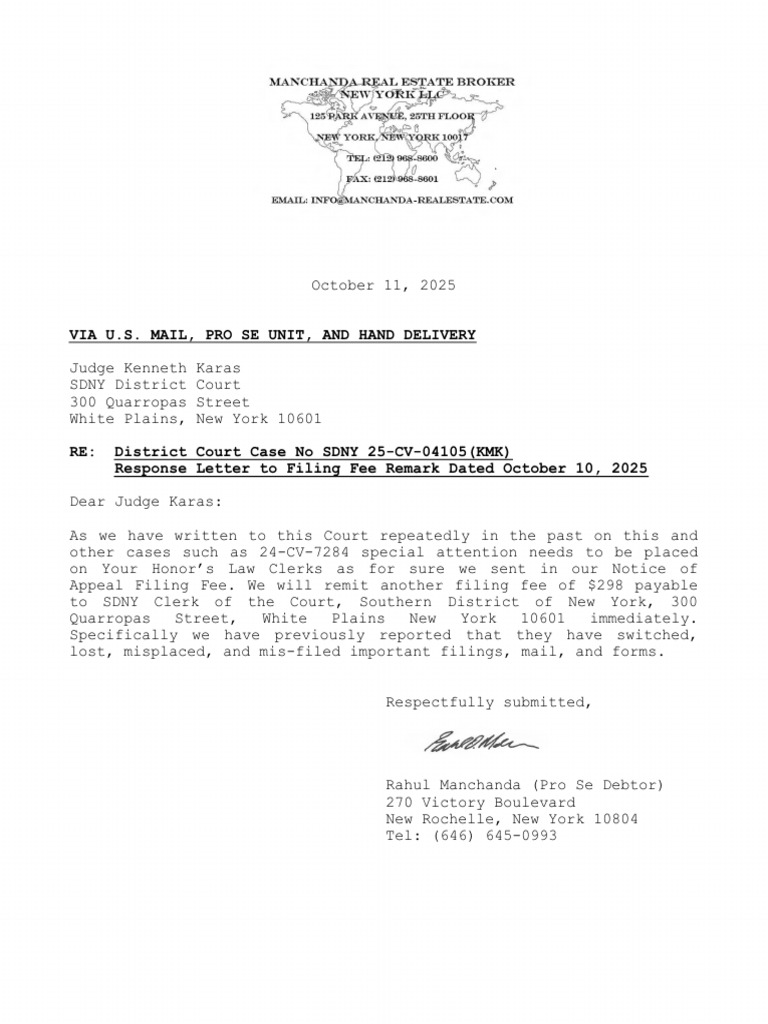 Response to Filing Fee Remark in SDNY | PDF | Pro Se Legal ...