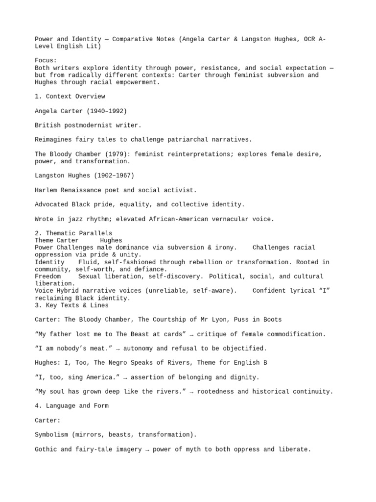 Power and Identity - Comparative Notes (Angela Carter & Langston Hughes ...