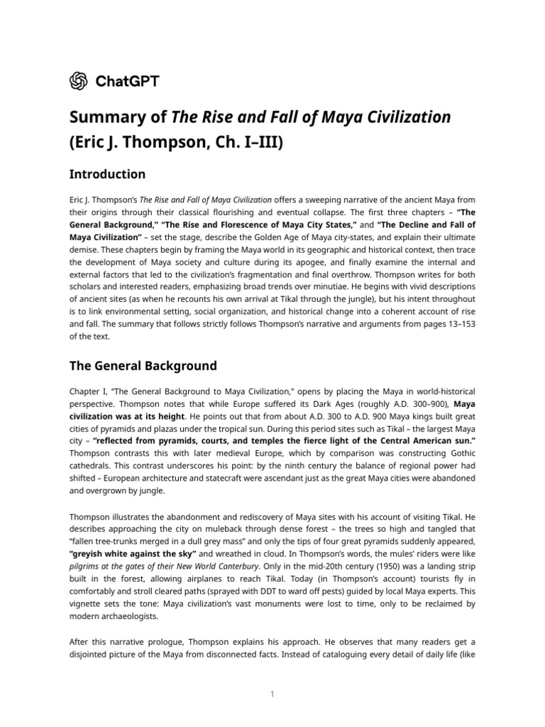 Summary of - The Rise and Fall of Maya Civilization - (Eric J. Thompson ...