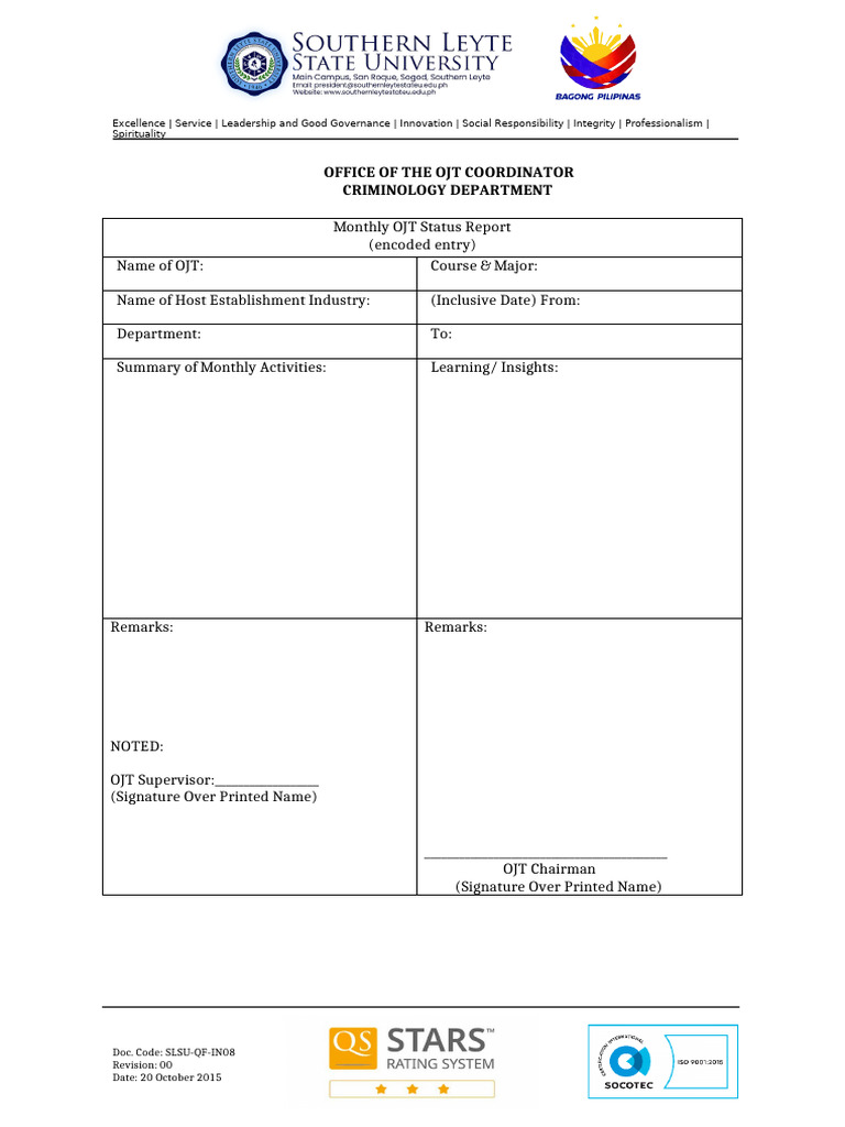 Monthly OJT Status Report Template | PDF