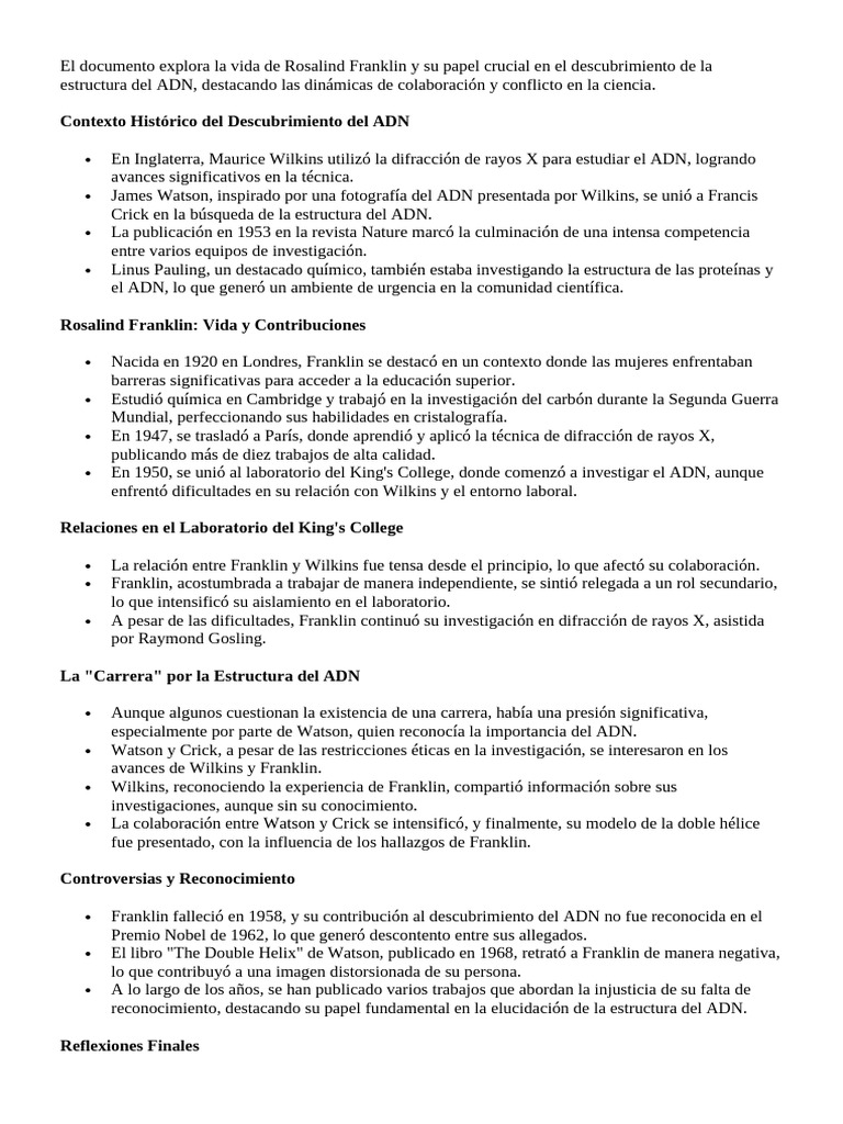 El Documento Explora La Vida de Rosalind Franklin y Su Papel Crucial en El Descubrimiento de La ...