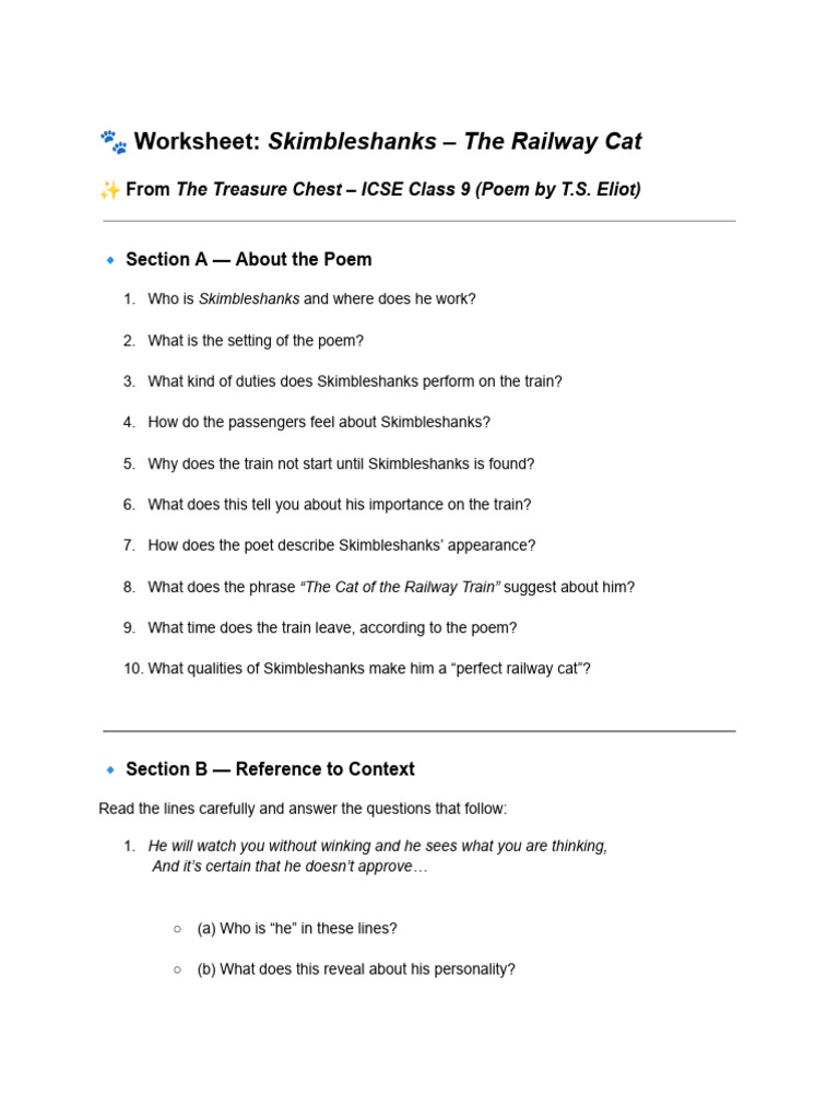 ? Worksheet_ Skimbleshanks – the Railway Cat | PDF | Poetry