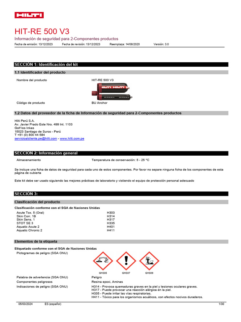 Seguridad del HIT-RE 500 V3 en Construcción | PDF | Agua | Química