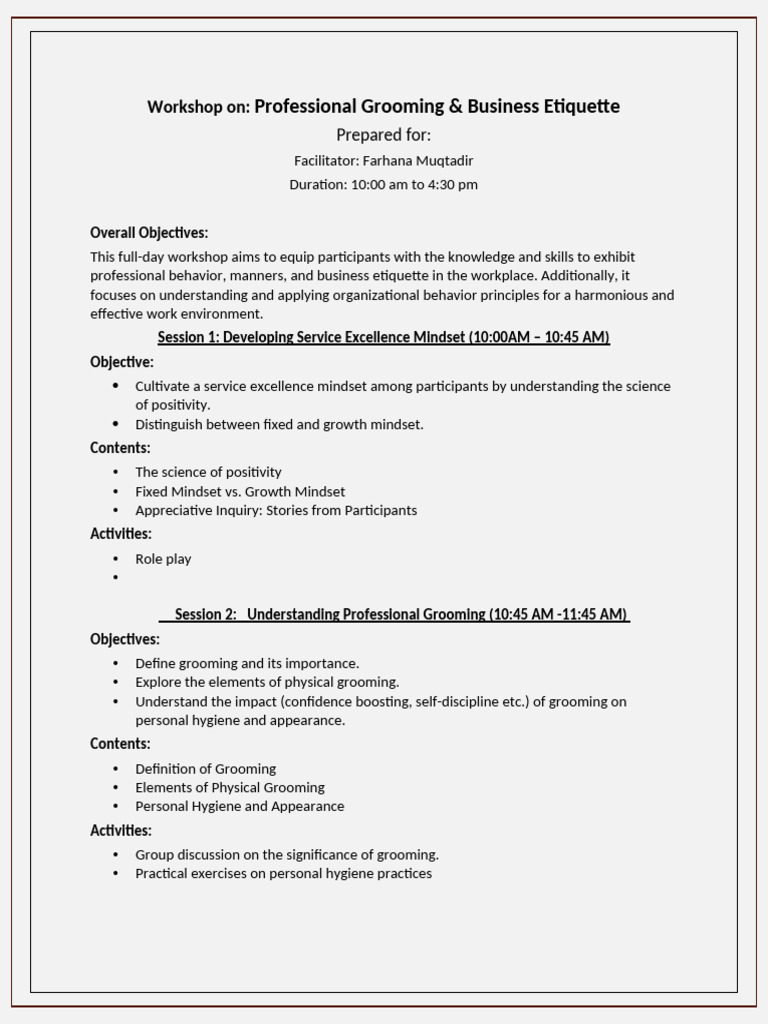 Proposed Workshop Outline | PDF | Body Language | Etiquette