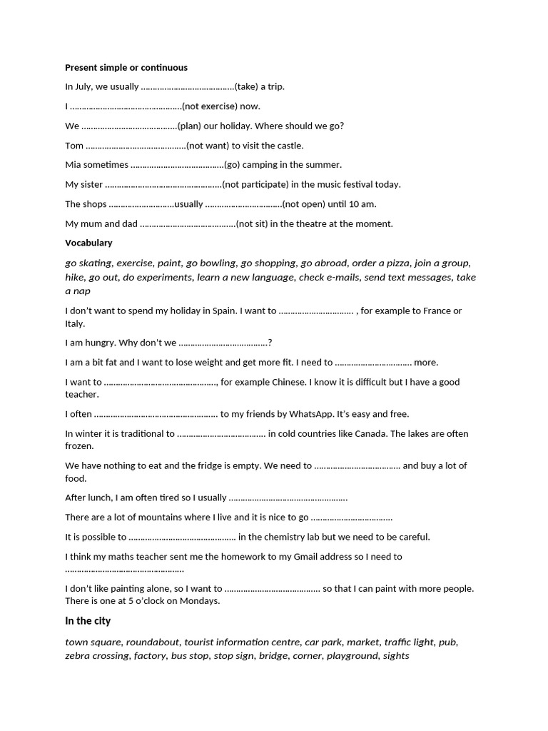 Present Simple or Cont Vocabulary Activities in The Town | PDF