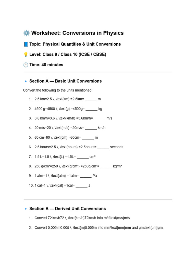 Worksheet - Conversions in Physics | PDF | Quantity | Physical Quantities