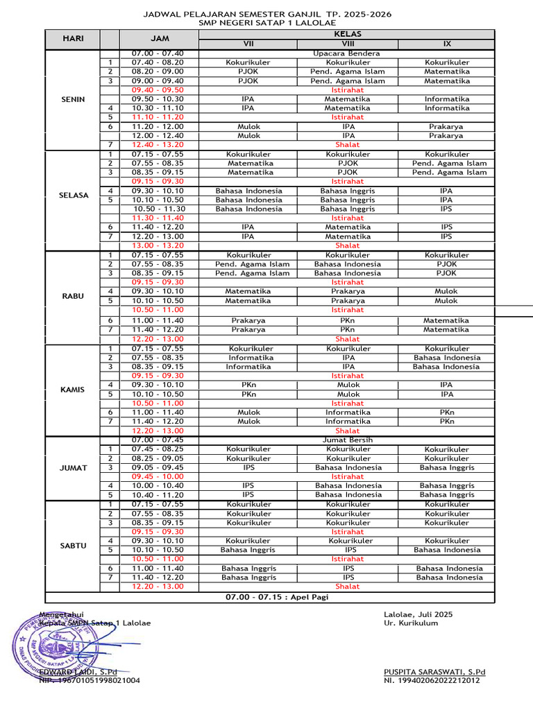 2025-2026 01 Jadwal Pelajaran Kokurikuler | PDF