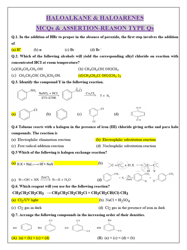 MCQ + ARQ Haloalkane, Alcohols Aldehydes | PDF | Organic Chemistry | Chemistry