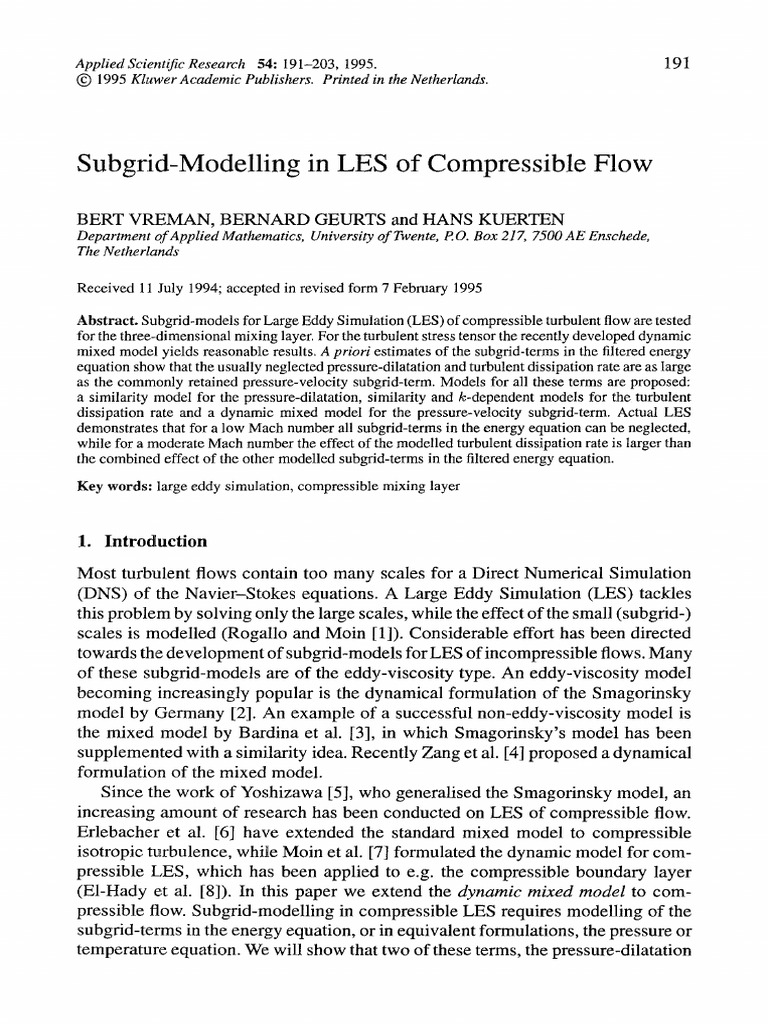 Subgrid-Modelling in LES of Compressible Flow | PDF | Fluid Dynamics | Turbulence