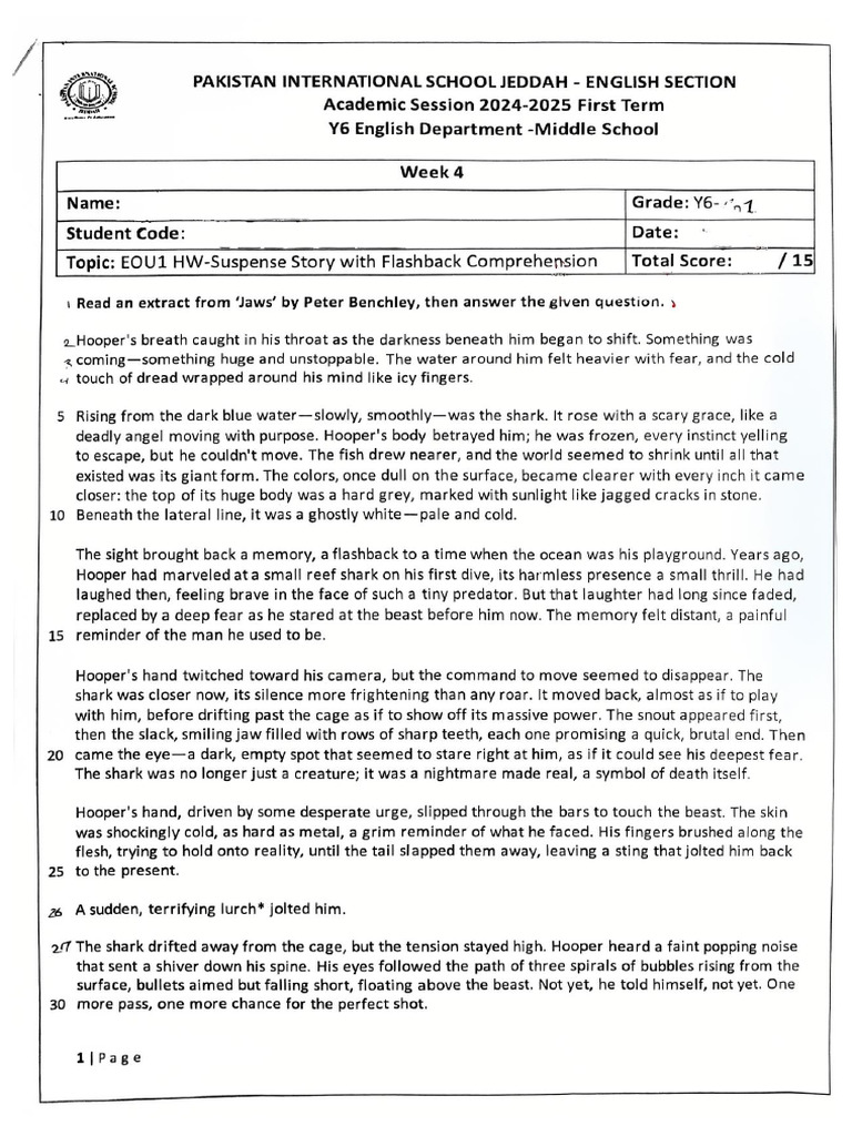 Flashback Comprehension (Jaws) | PDF