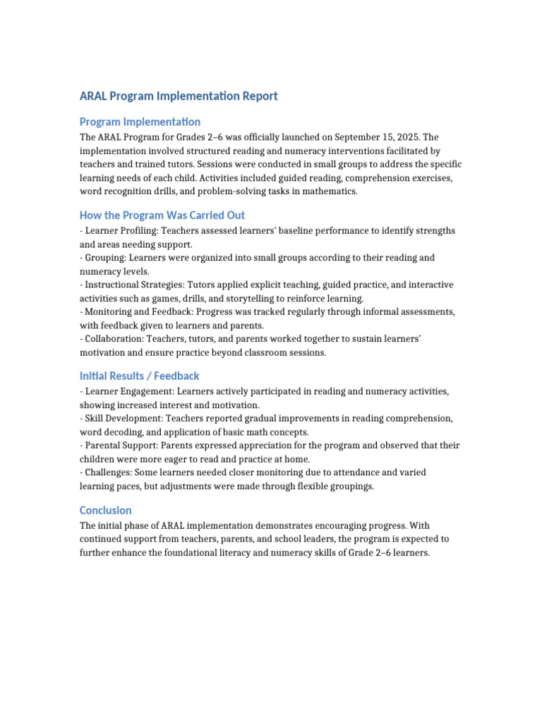ARAL Program Implementation Report Updated | PDF