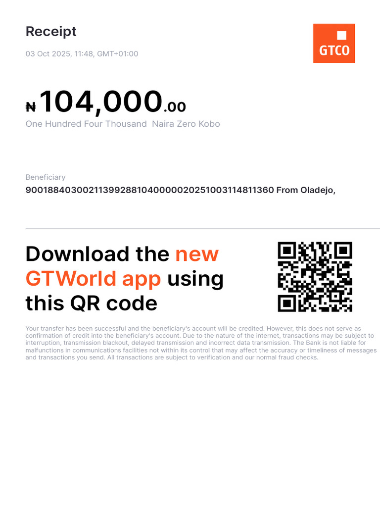Successful Transfer Receipt - ₦104,000 | PDF
