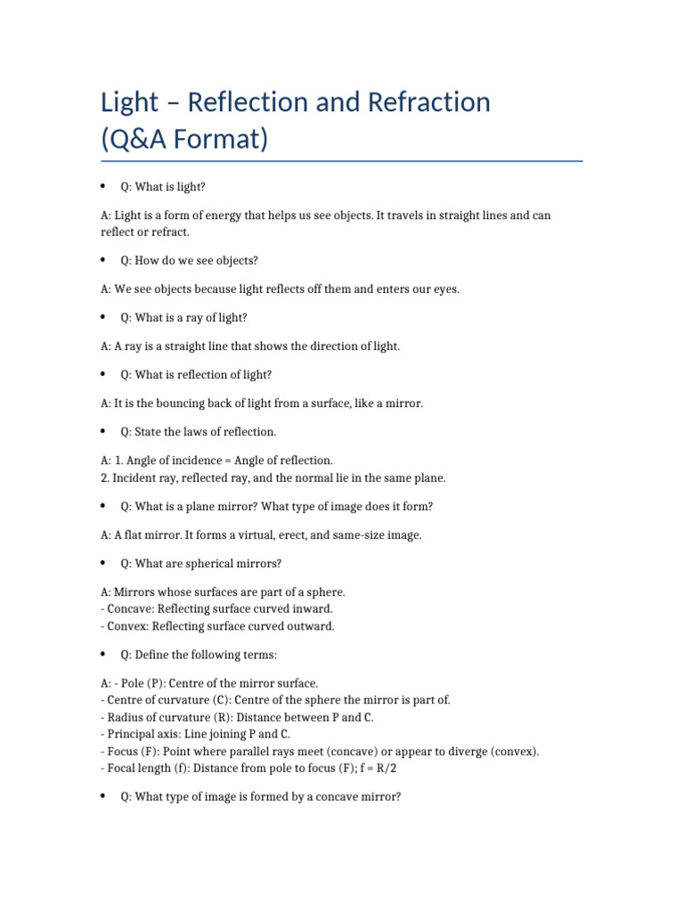 Light Reflection Refraction QA | PDF | Optics | Electromagnetic Radiation
