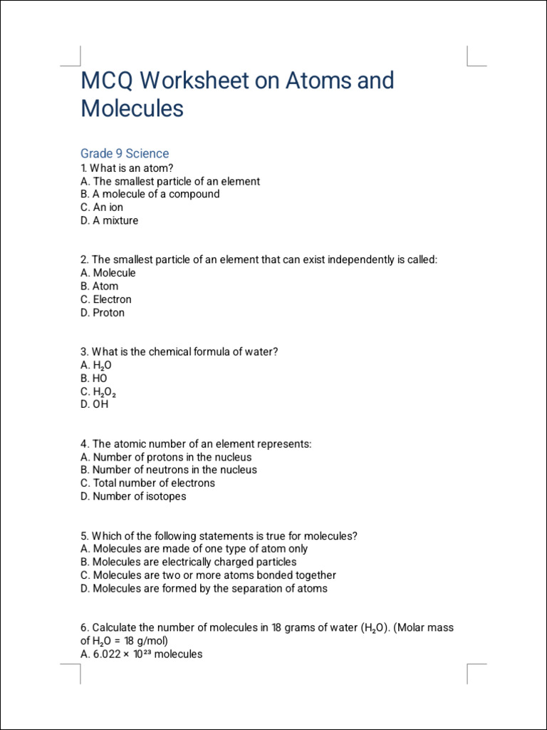 Atoms and Molecules MCQ Worksheet | PDF