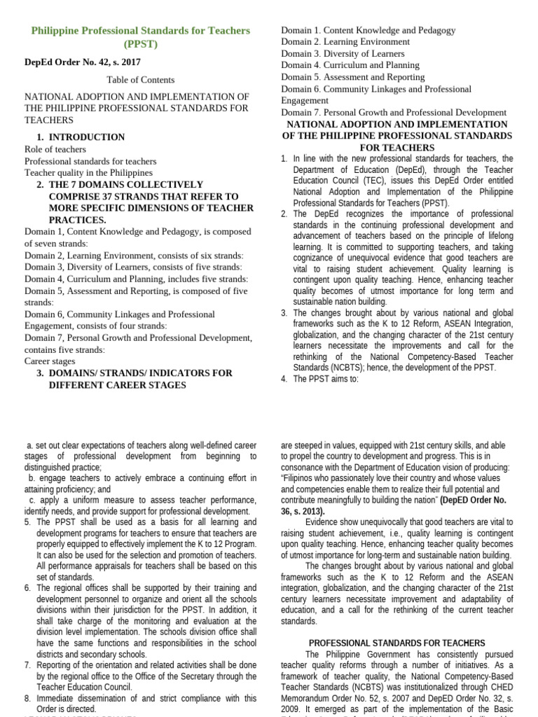Philippine Professional Standards for Teachers | PDF | Learning | Teachers