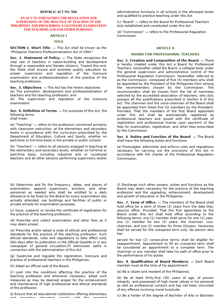 Philippine Teachers Professionalization Act | PDF | Teachers | Subpoena ...