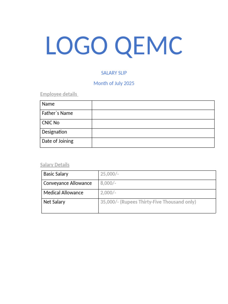 July 2025 Salary Slip for QEMC Employee | PDF