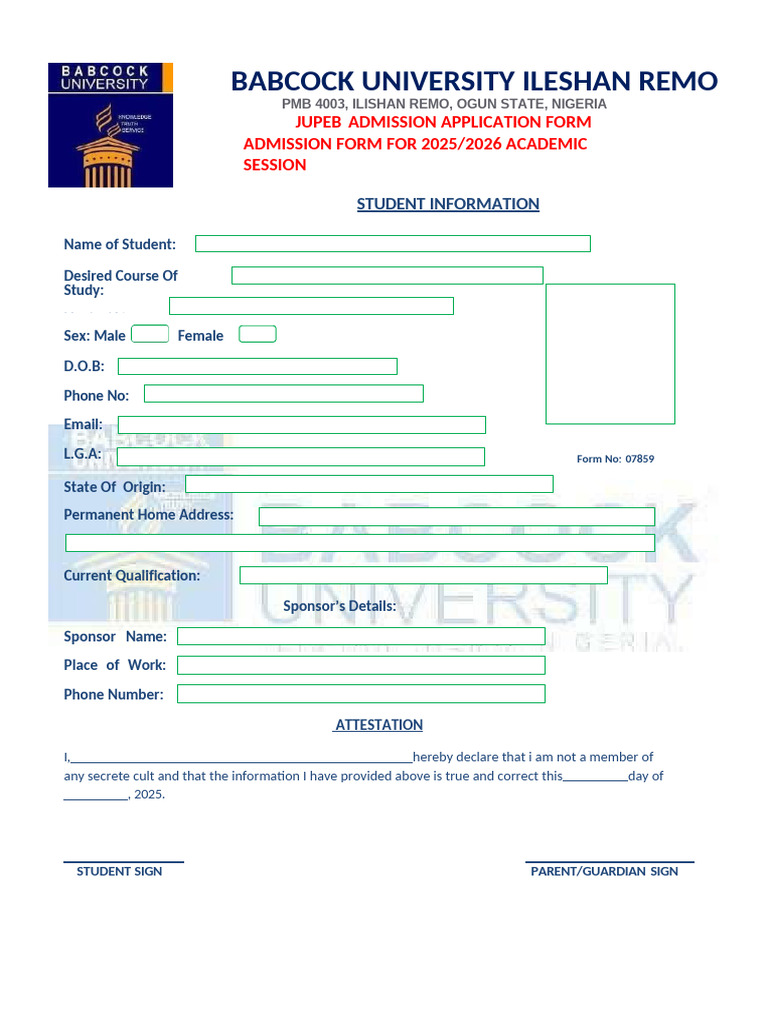 Babcock University JUPEB Admission Form | PDF