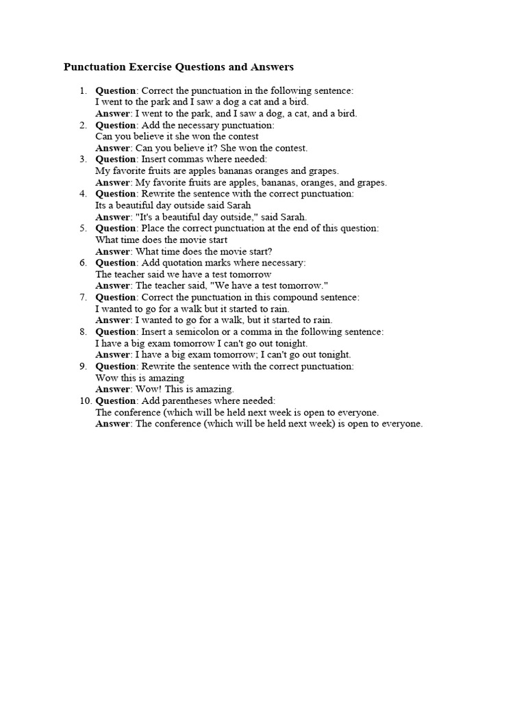 Punctuation Exercise Questions and Answers | PDF