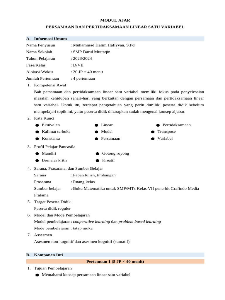 Modul Ajar Persamaan Linear Satu Variabel | PDF