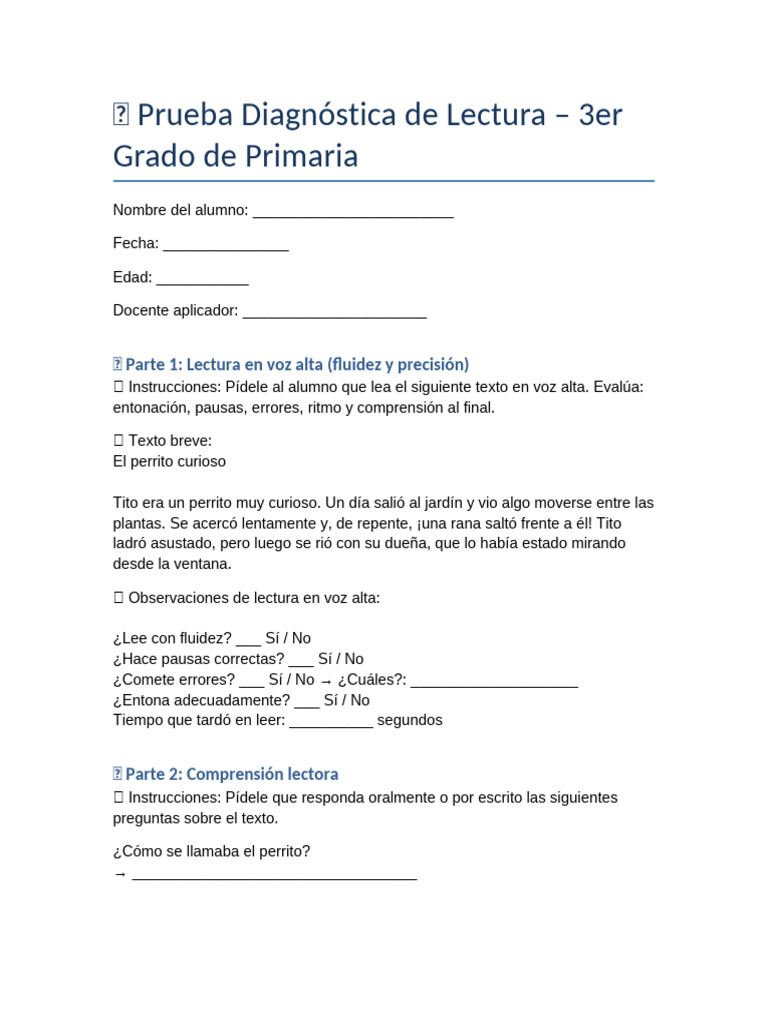 Prueba Diagnóstica de Lectura 3er Grado | PDF | Comunicación humana ...