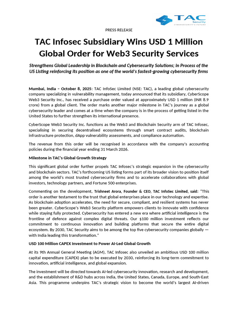 TAC Infosec Subsidiary Wins USD 1 Million Global Order For Web3 ...