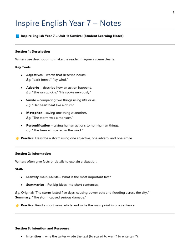 Inspire English Year7 Notes For Teaching | PDF | Poetry | Metaphor