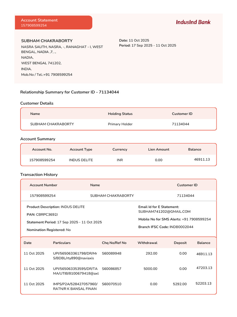 Bank Statement 17 TH Sep To 11 TH Oct | PDF | Services (Economics) | Money