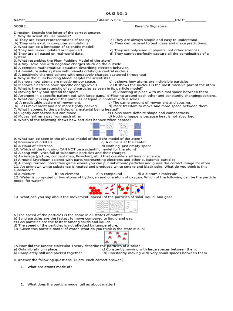 Science Quiz on Atomic Models and Particles | PDF | Atoms | Matter