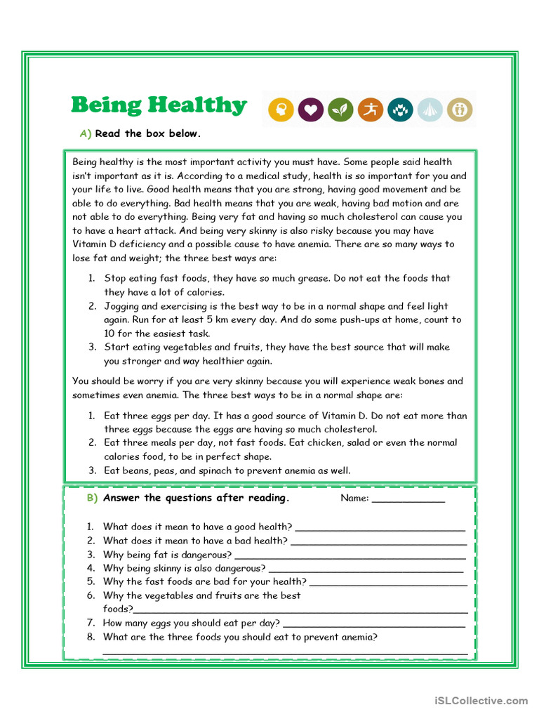 Reading Comprehension - Being Healthy | PDF | Foods | Vegetables