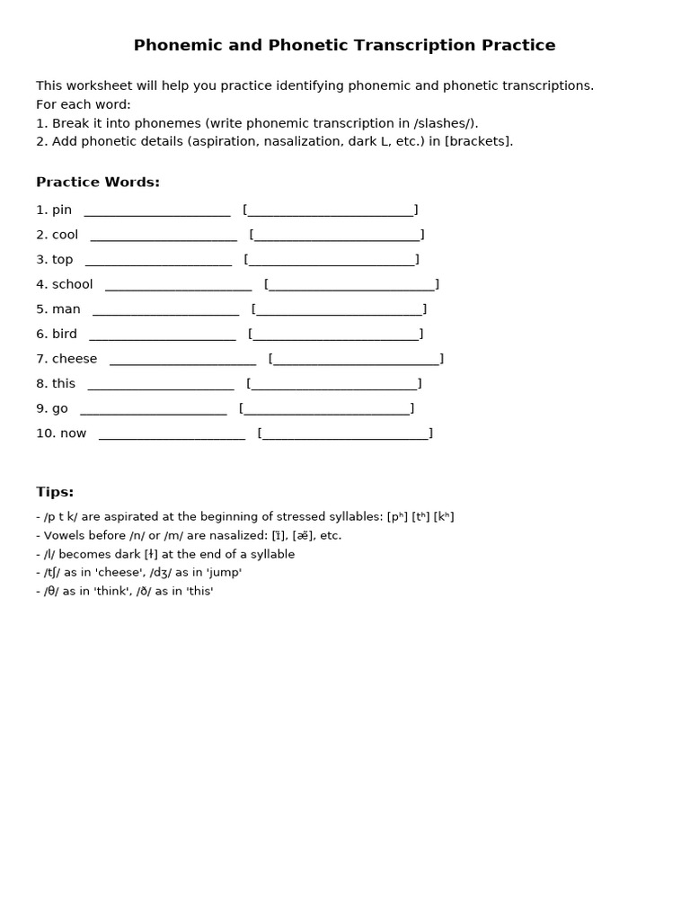 Phonemic Phonetic Transcription Worksheet | PDF