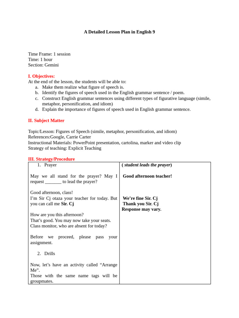 A Detailed Lesson Plan in English Figure of Speech | PDF | Metaphor | Idiom