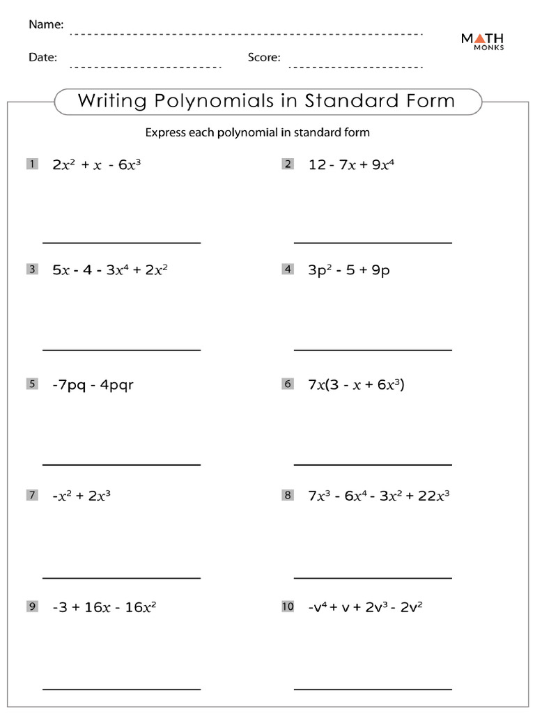 Writing Polynomials in Standard Form Worksheet | PDF